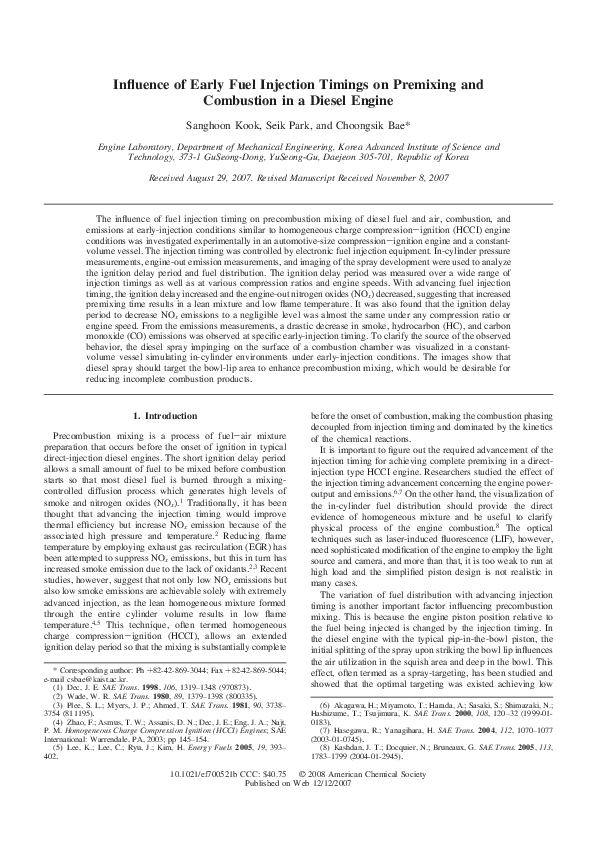 Pdf Influence Of Early Fuel Injection Timings On Premixing And Combustion In A Diesel Engine