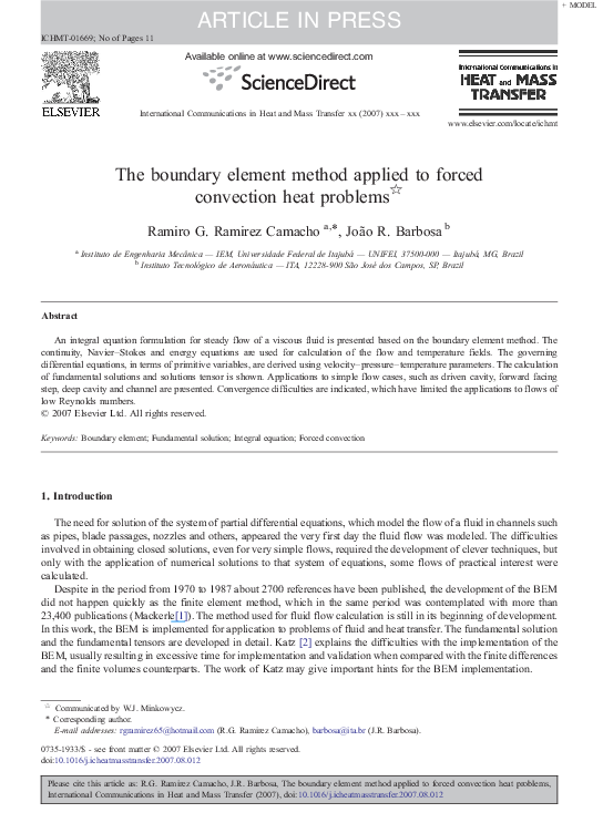 Pdf The Boundary Element Method Applied To Forced Convection Heat Problems