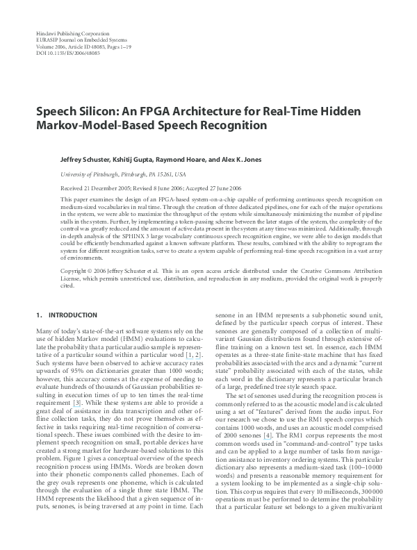 Pdf Speech Silicon An Fpga Architecture For Real Time Hidden Markov Model Based Speech