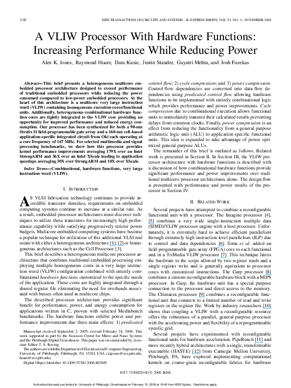 Pdf A Vliw Processor With Hardware Functions Increasing Performance While Reducing Power