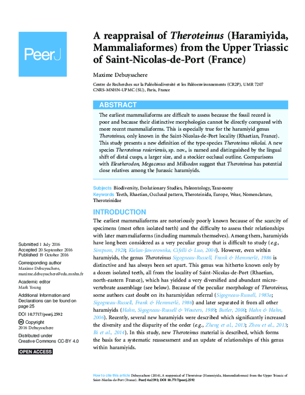 (PDF) A reappraisal of Theroteinus (Haramiyida, Mammaliaformes) from ...