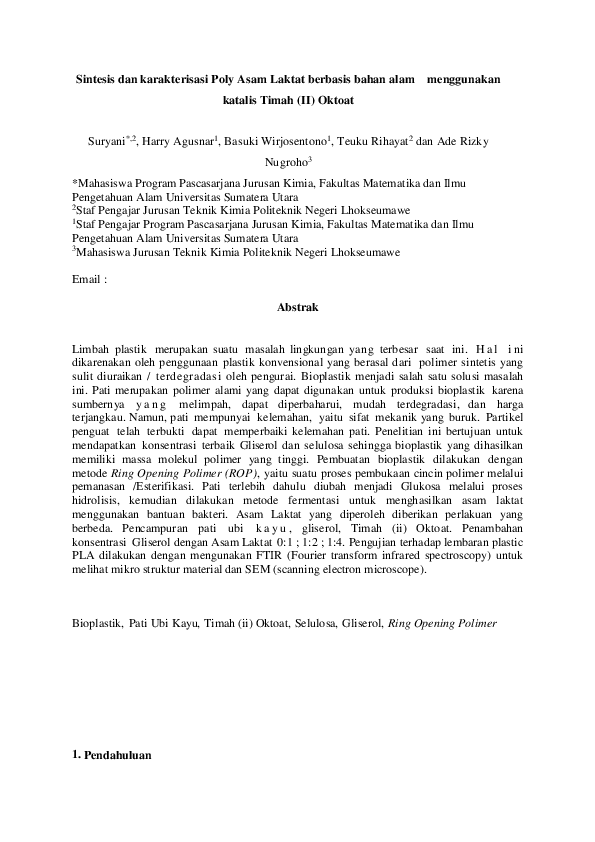 Sintesis dan karakterisasi Poly Asam Laktat berbasis bahan alam ...