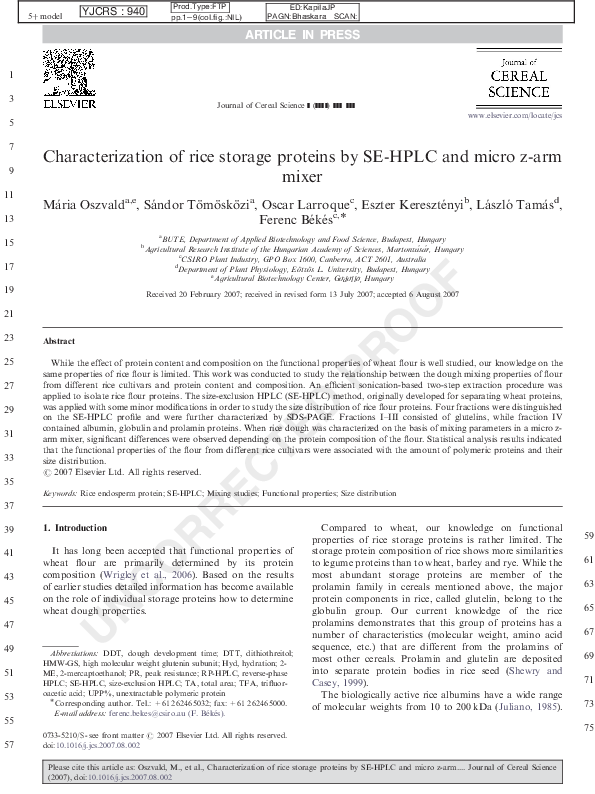 (PDF) Characterization of rice storage proteins by SE-HPLC and micro z ...