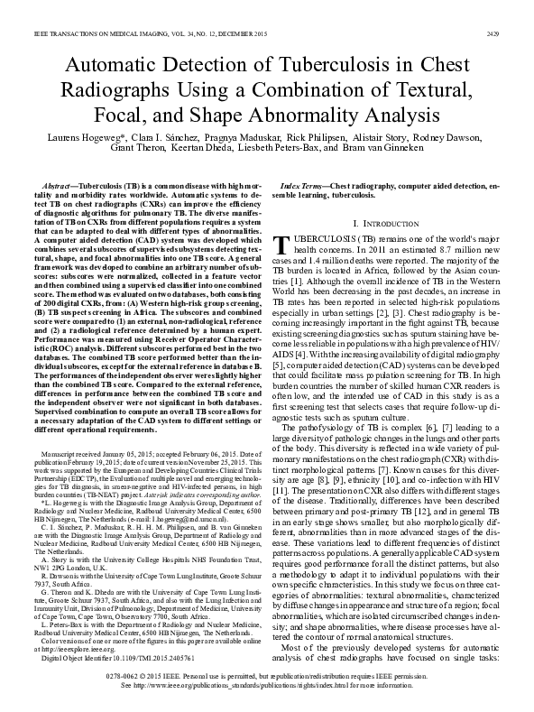 Pdf Automatic Detection Of Tuberculosis In Chest Radiographs Using A Combination Of Textural