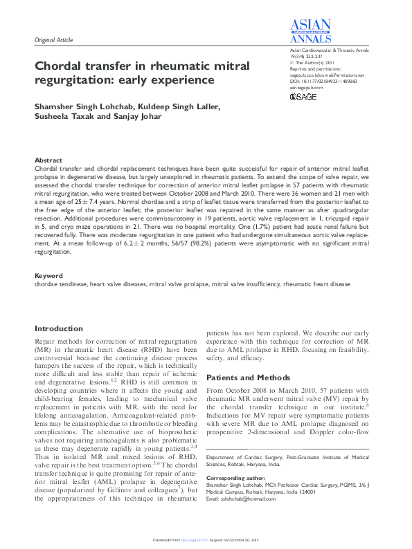 (PDF) Chordal transfer in rheumatic mitral regurgitation: early experience