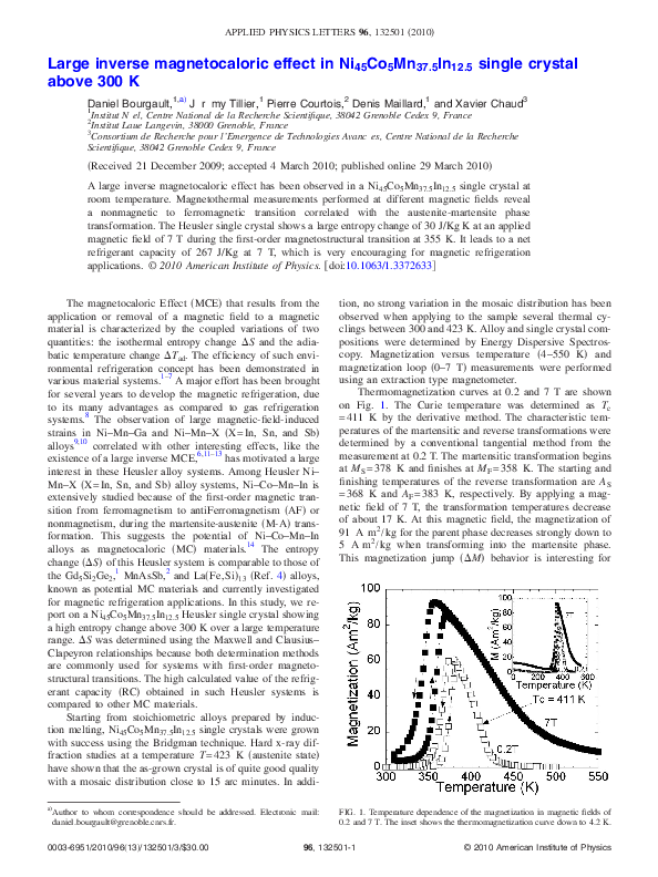 (PDF) Large inverse magnetocaloric effect in Ni[sub 45]Co[sub 5]Mn[sub 37.5]In[sub 12.5] single ...