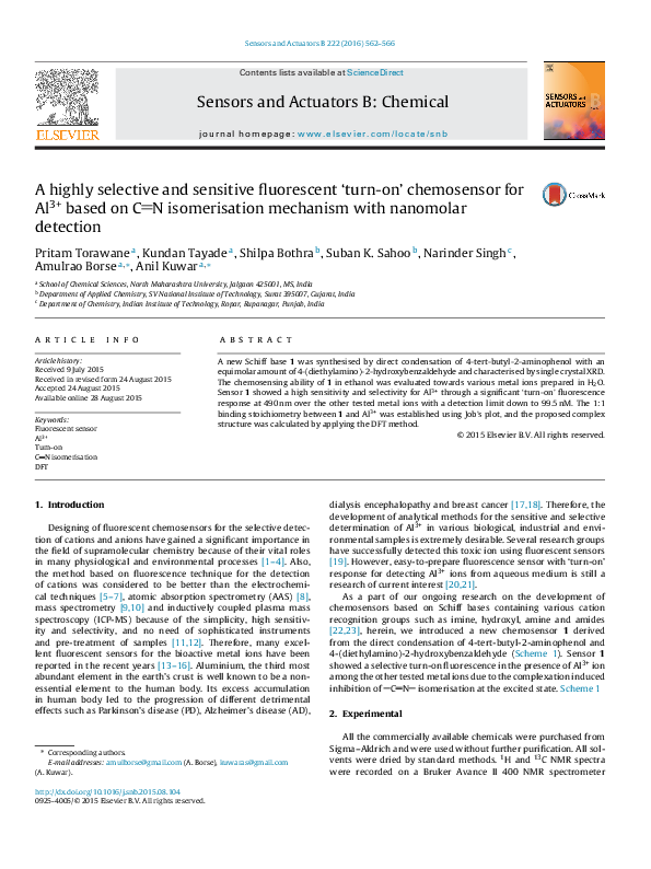(PDF) A turn-on and reversible fluorescence sensor for Al3+ ion | Chin-Feng Wan - Academia.edu