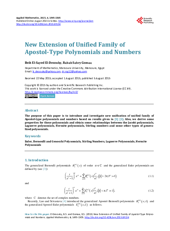 (PDF) New Extension of Unified Family of Apostol-Type Polynomials and Numbers