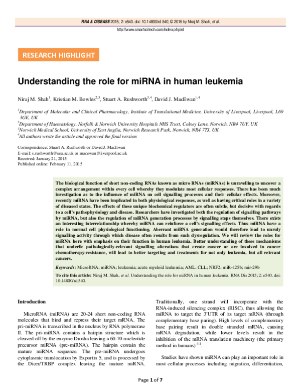 (PDF) Understanding the role for miRNA in human leukemia