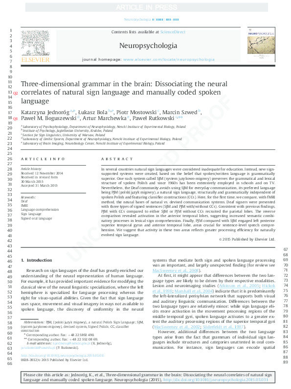 (PDF) Three-dimensional grammar in the brain: Dissociating the neural ...