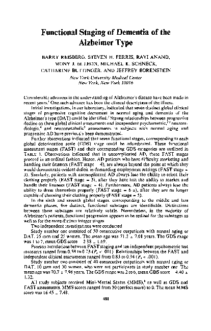 (PDF) Functional Staging of Dementia of the Alzheimer Type