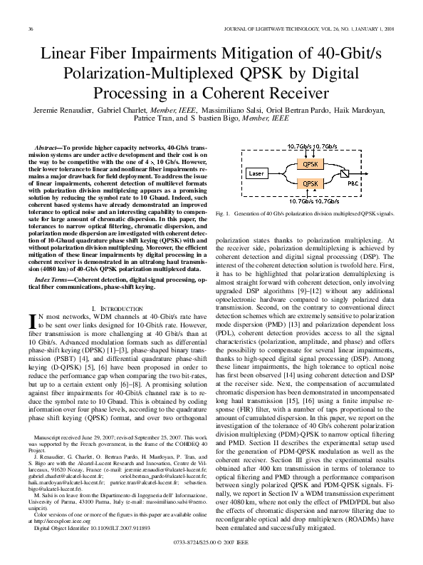 (PDF) Linear Fiber Impairments Mitigation of 40-Gbit/s Polarization-Multiplexed QPSK by Digital ...
