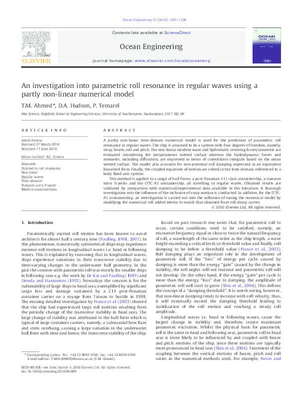 (PDF) An investigation into parametric roll resonance in regular waves using a partly non-linear ...