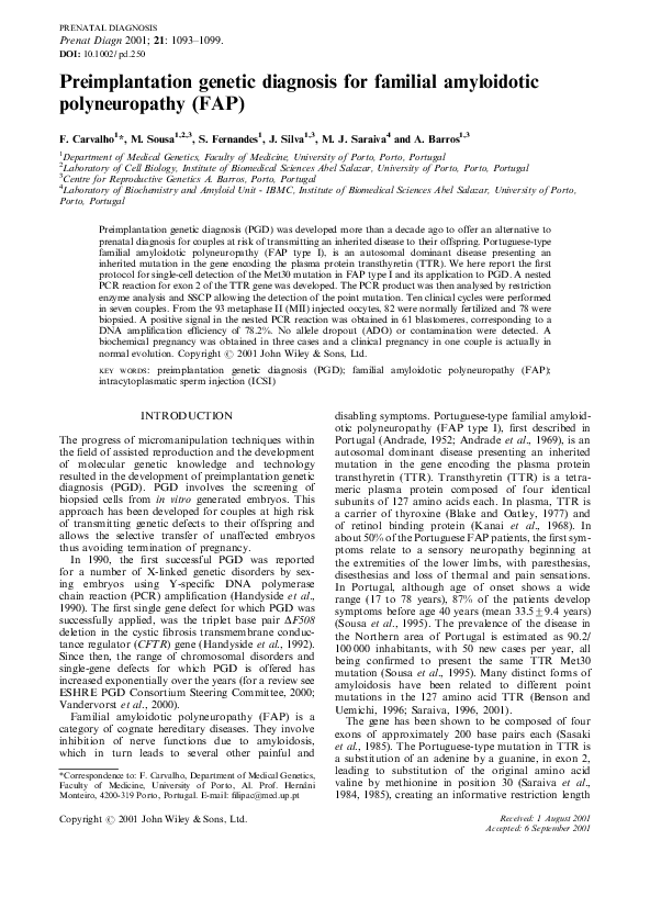 (PDF) Preimplantation genetic diagnosis for familial amyloidotic polyneuropathy (FAP