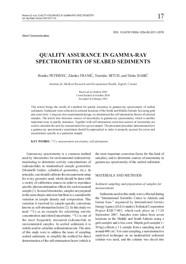 (PDF) Osiguranje kvalitete u gama-spektrometriji morskih sedimenata