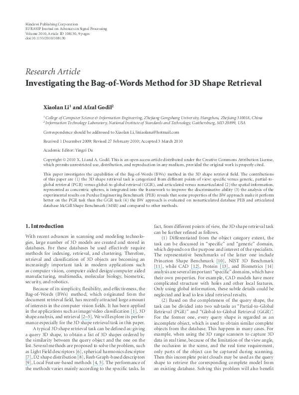 (PDF) Investigating the Bag-of-Words Method for 3D Shape Retrieval
