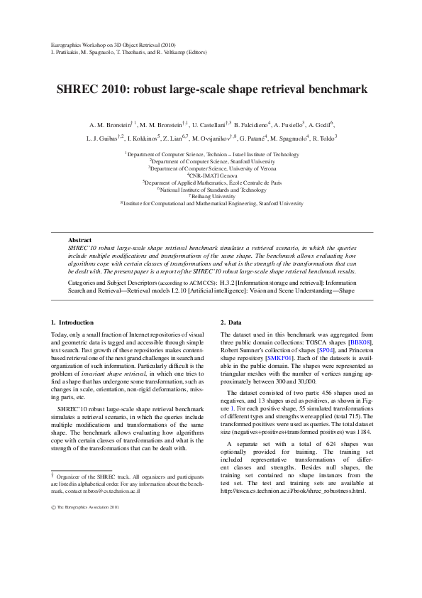 (PDF) SHREC 2010: robust large-scale shape retrieval benchmark | Afzal Godil - Academia.edu