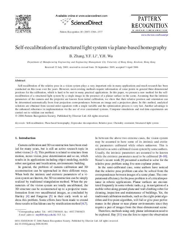 Pdf Self Recalibration Of A Structured Light System Via Plane Based