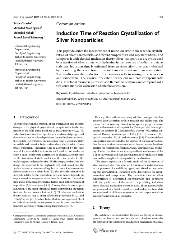 (PDF) Induction Time of Reaction Crystallization of Silver Nanoparticles