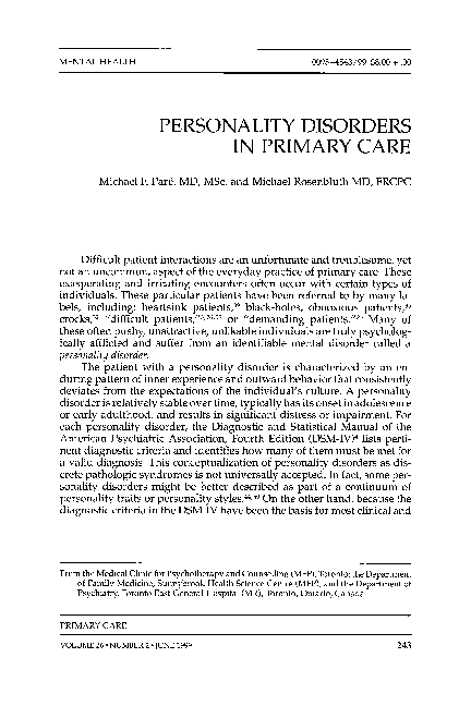 (PDF) Personality Disorders in Primary Care
