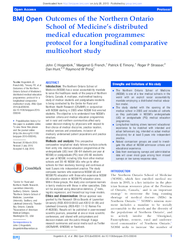 (PDF) Outcomes of the Northern Ontario School of Medicine's distributed ...