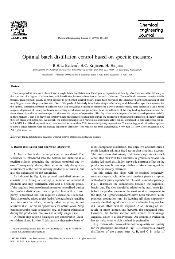 (PDF) Optimal batch distillation control based on specific measures