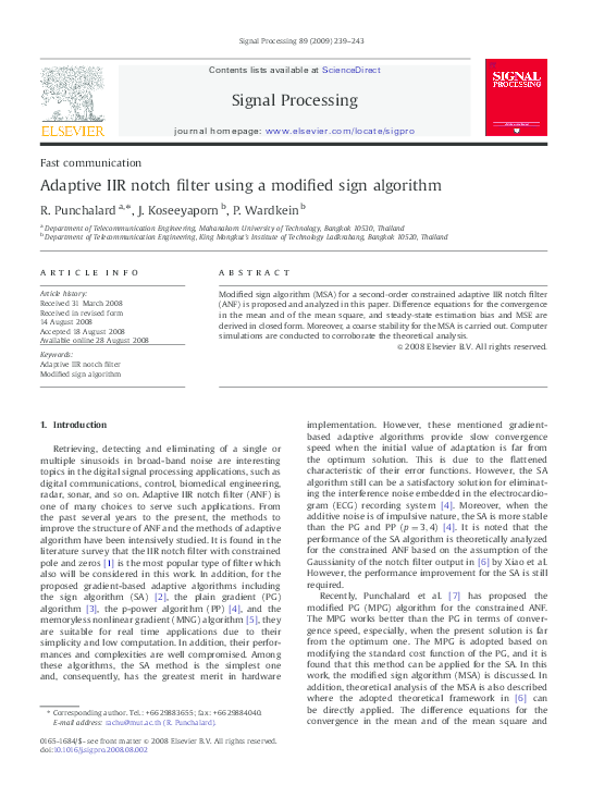 Pdf Adaptive Iir Notch Filter Using A Modified Sign Algorithm