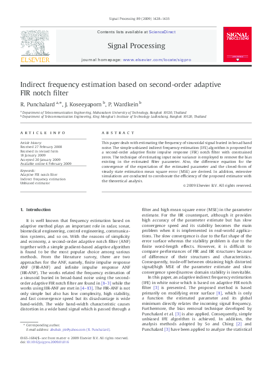 Pdf Indirect Frequency Estimation Based On Second Order Adaptive Fir Notch Filter