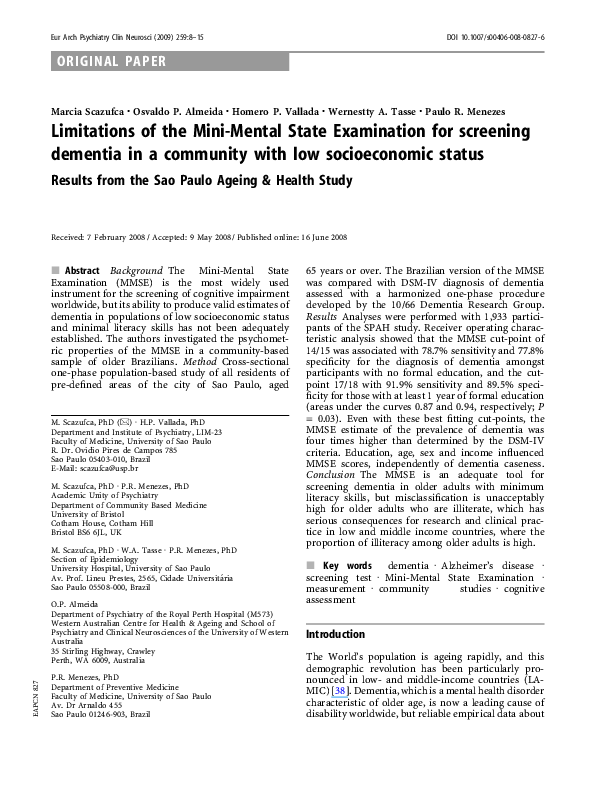 (PDF) Limitations of the Mini-Mental State Examination for screening ...