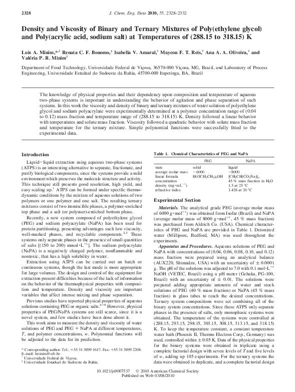 (PDF) Density and Viscosity of Binary and Ternary Mixtures of Poly(ethylene glycol) and Poly ...