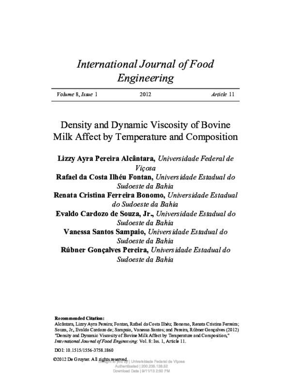 (PDF) Density and Dynamic Viscosity of Bovine Milk Affect by ...