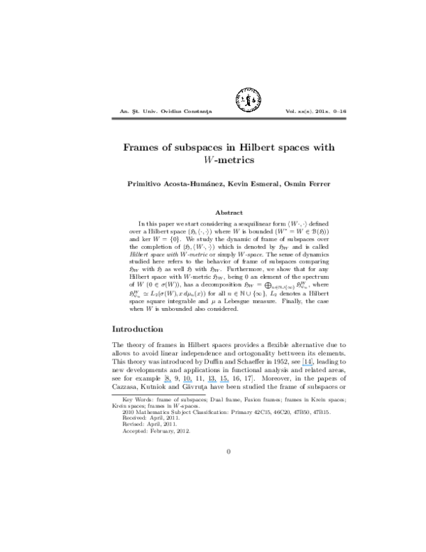 Pdf Frames Of Subspaces In Hilbert Spaces With W Metrics