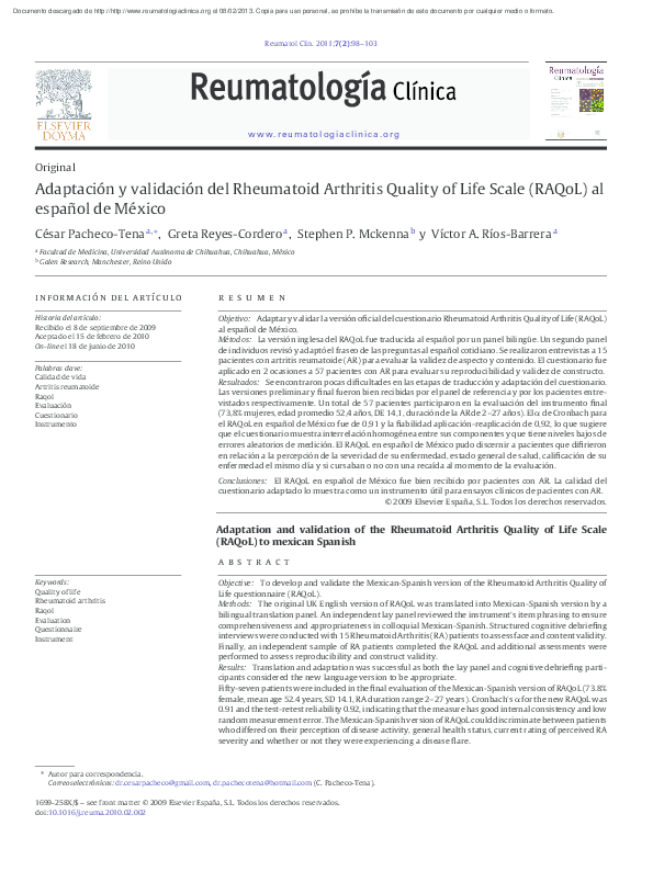 (PDF) Adaptación y validación del Rheumatoid Arthritis Quality of Life ...