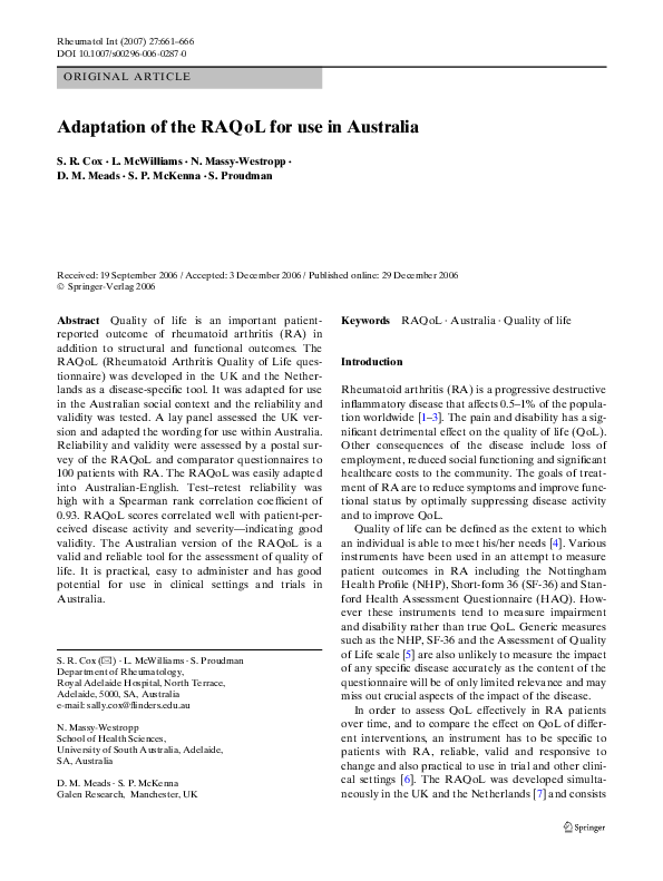 (PDF) Adaptation of the RAQoL for use in Australia