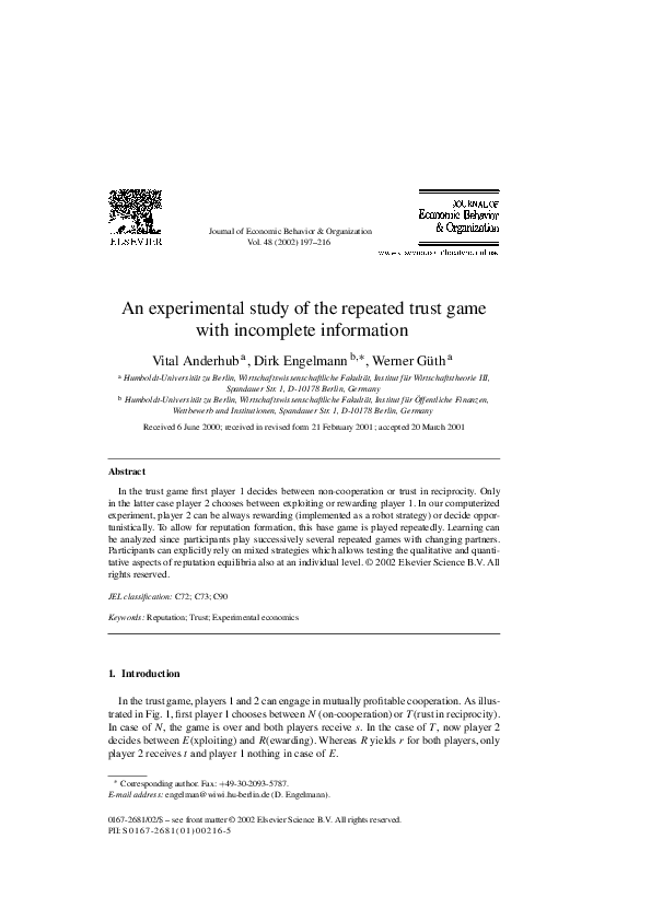 (PDF) An experimental study of the repeated trust game with incomplete ...
