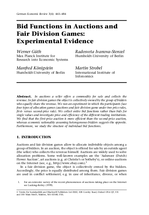 (PDF) Bid Functions in Auctions and Fair Division Games: Experimental ...