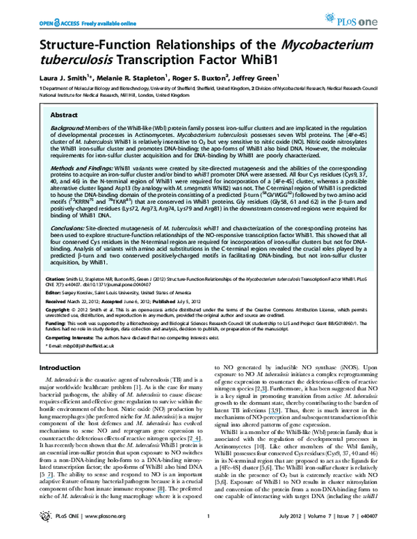 Pdf Structure Function Relationships Of The Mycobacterium Tuberculosis Transcription Factor Whib1