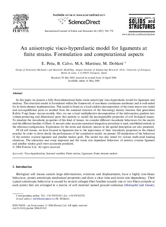 (PDF) An anisotropic visco-hyperelastic model for ligaments at finite strains. Formulation and ...