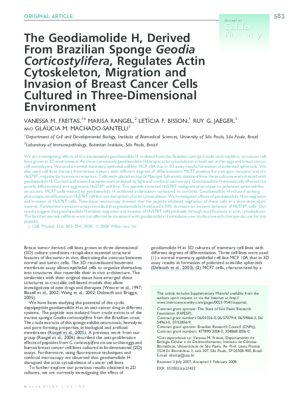 (PDF) The geodiamolide H, derived from brazilian sponge Geodia ...