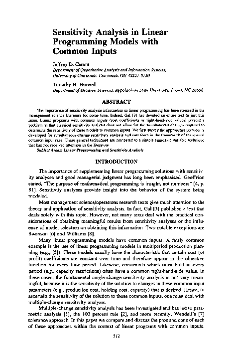 (PDF) Sensitivity Analysis in Linear Programming Models with Common Inputs