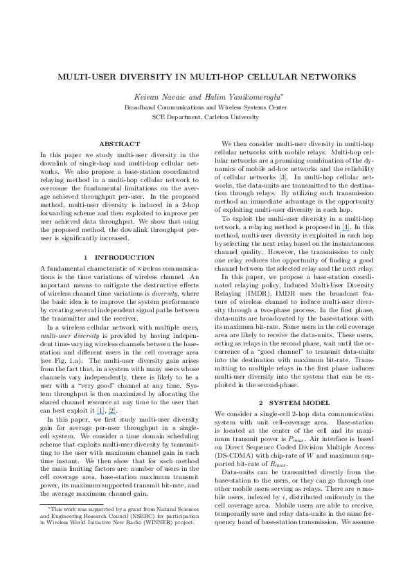 (PDF) Multi-User Diversity in Multi-Hop Cellular Networks