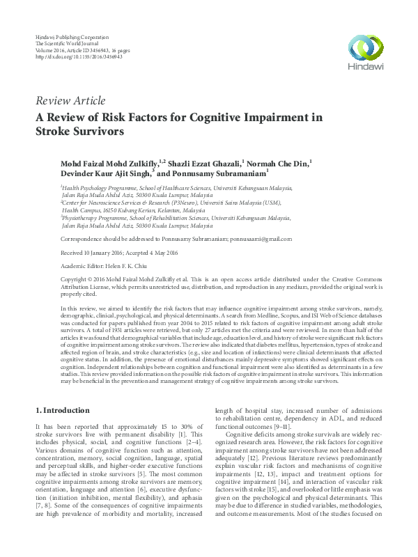 (PDF) A Review of Risk Factors for Cognitive Impairment in Stroke Survivors