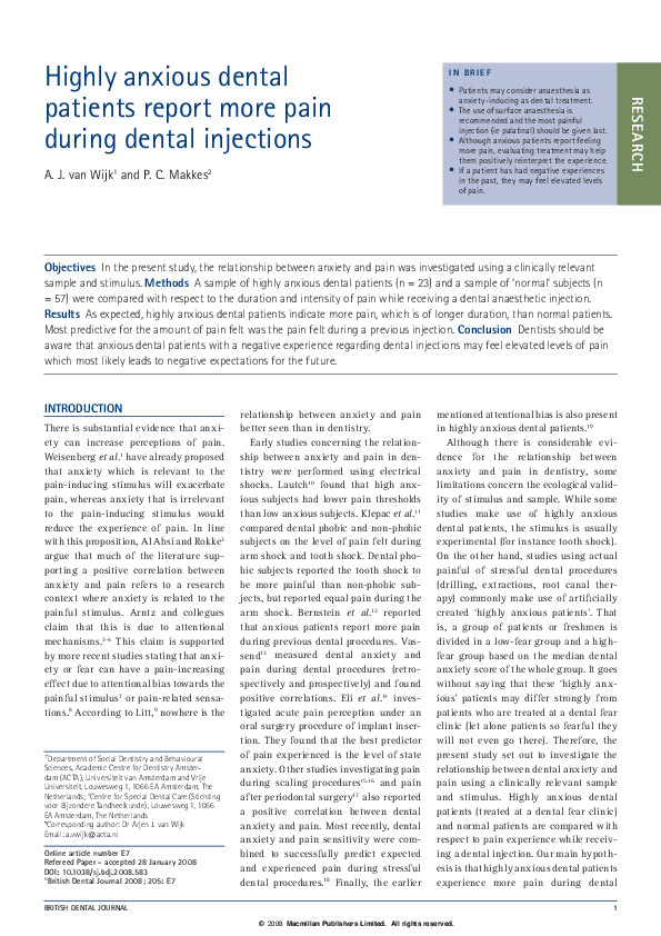 (PDF) Highly anxious dental patients report more pain during dental ...