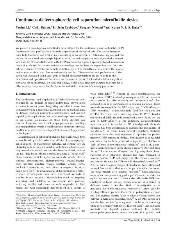 Pdf Continuous Dielectrophoretic Cell Separation Microfluidic Device