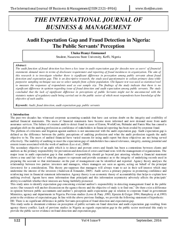 (PDF) Audit Expectation Gap and Fraud Detection in Nigeria: The Public Servants' Perception