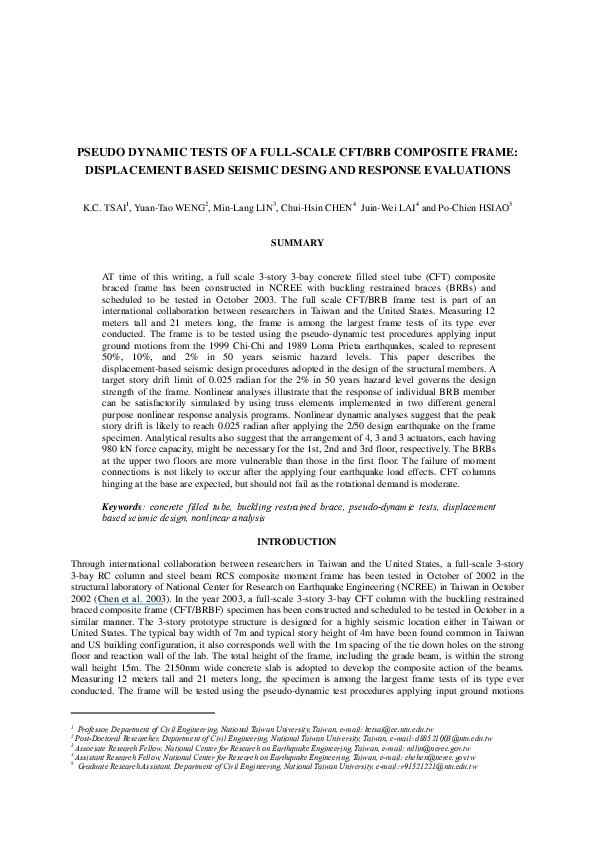 Pdf Pseudo Dynamic Tests Of A Full Scale Cftbrb Composite Frame