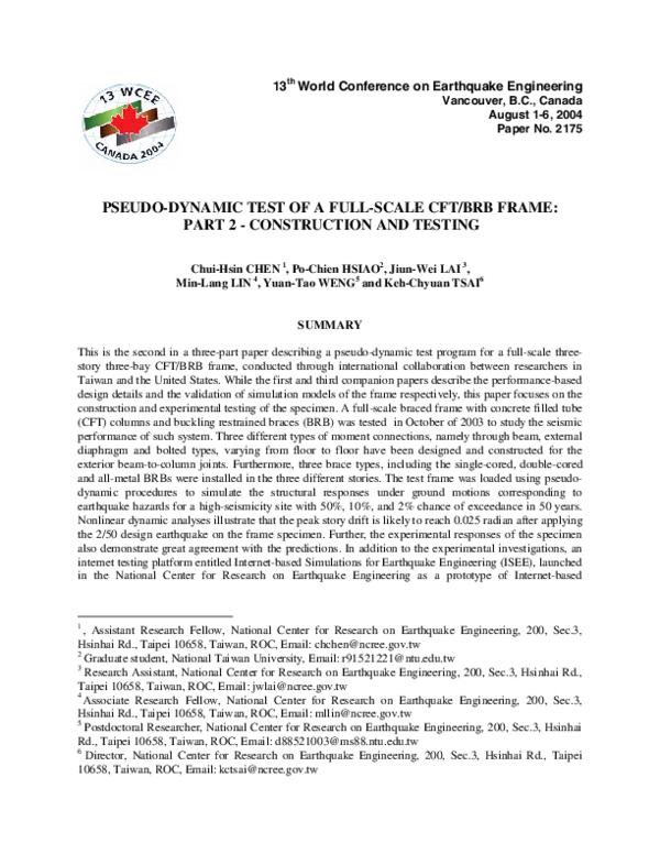 Pdf Pseudo Dynamic Test Of A Full Scale Cftbrb Frame—part Ii