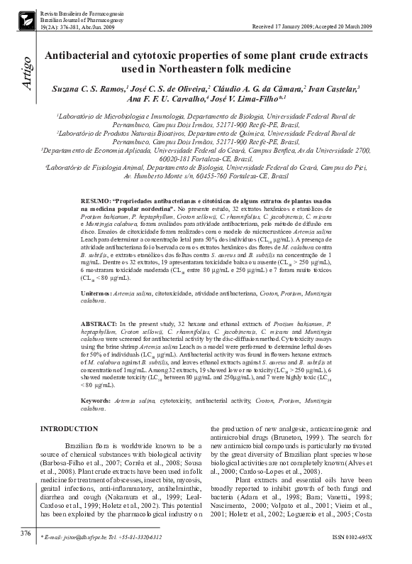 (PDF) Antibacterial and cytotoxic properties of some plant crude extracts used in Northeastern ...
