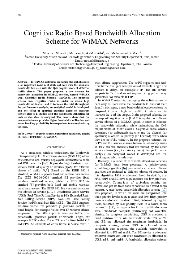 Pdf Cognitive Radio Based Bandwidth Allocation Scheme For Wimax Networks