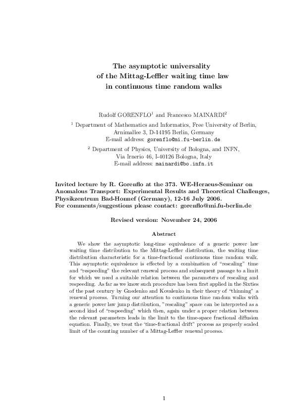 (PDF) The asymptotic universality of the Mittag-Leffler waiting time law in continuous time ...